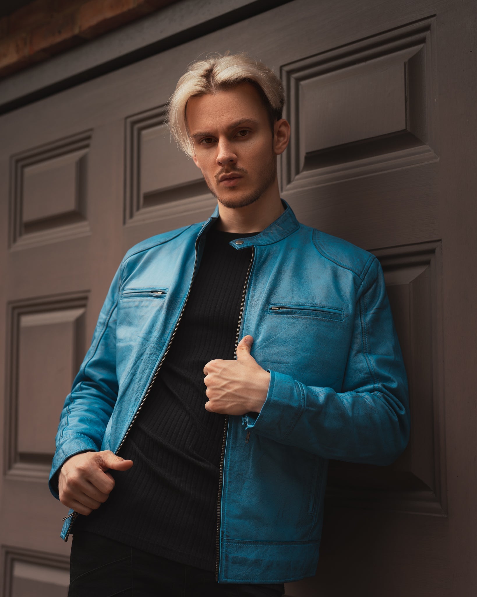 Dodge Men's Cafe Racer Style Blue Leather Jacket – Americans Leather
